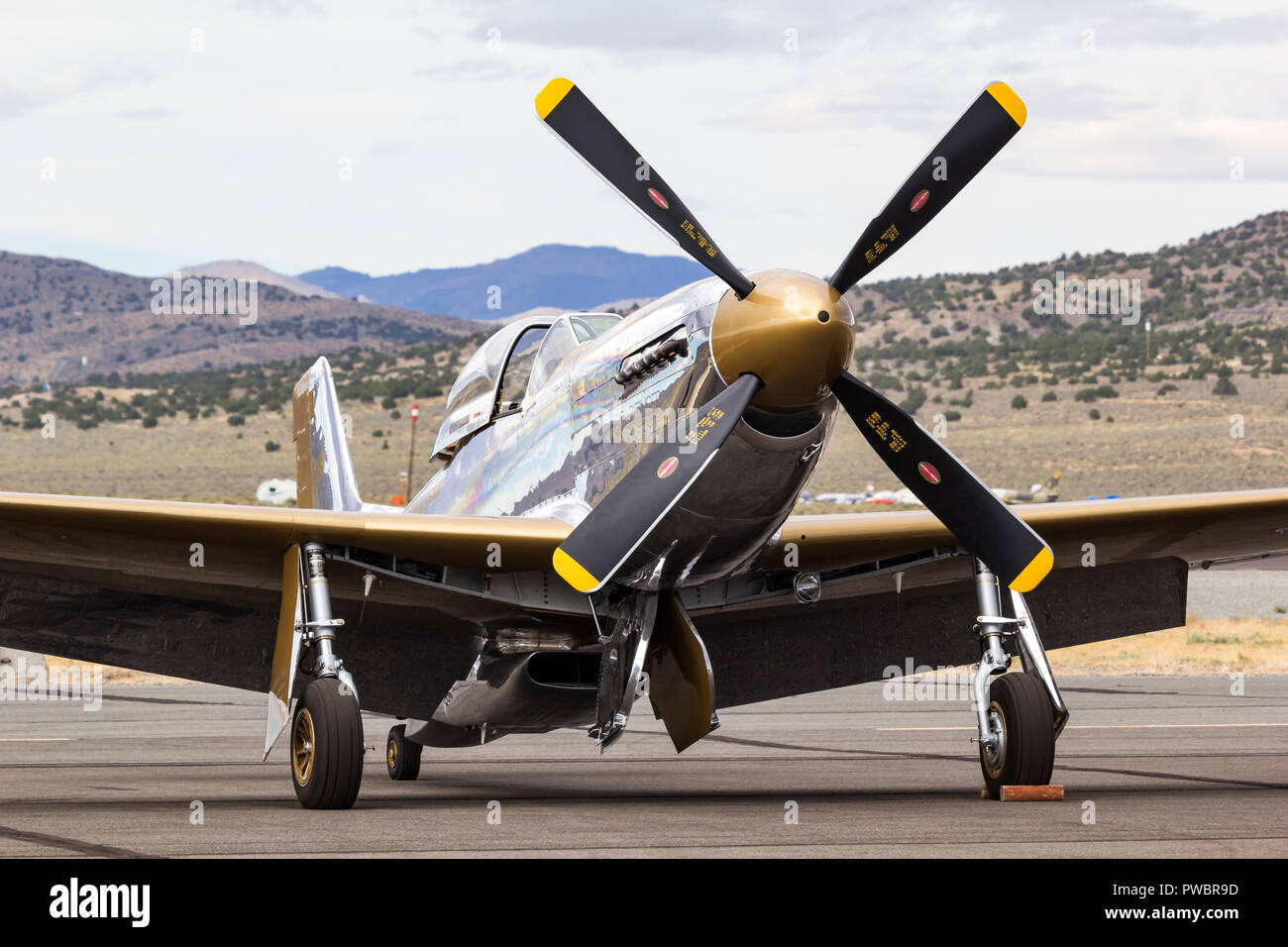 P-51 Mustang Air Racer "Goldfinger" sits on the ramp prior to a heat ...