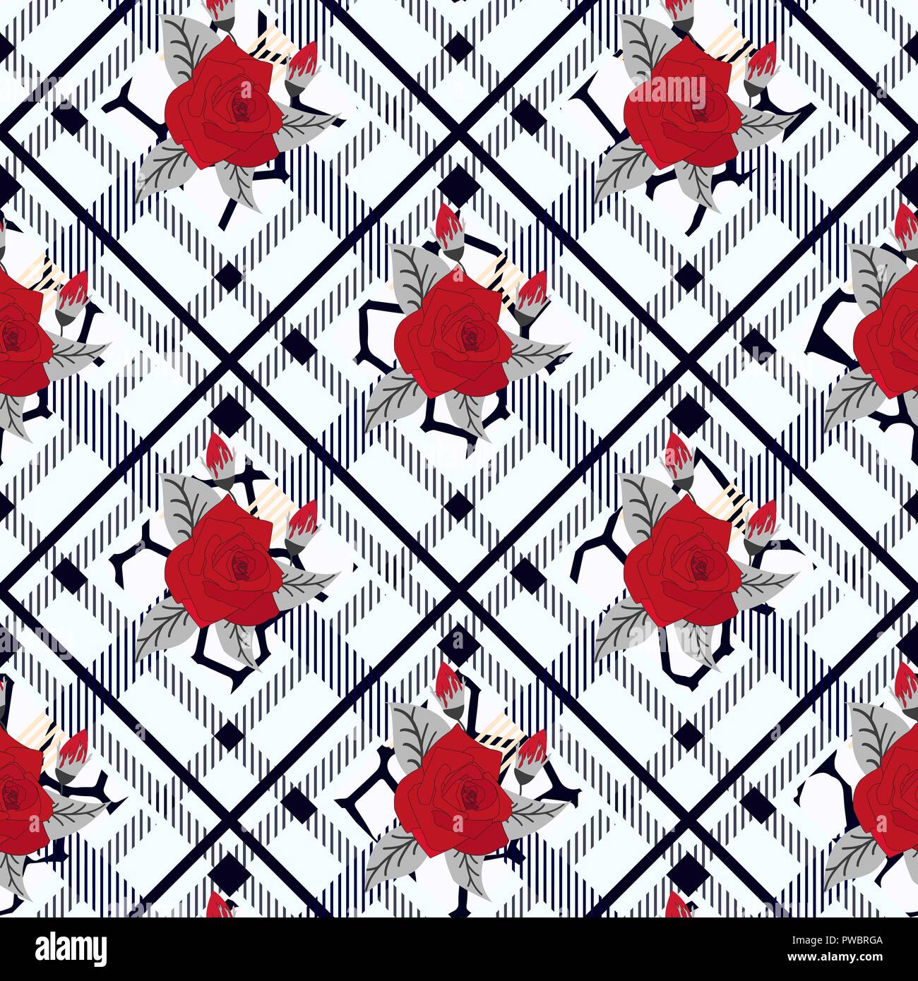 Beautiful red flowers pattern on plaid background. pattern of rose ...