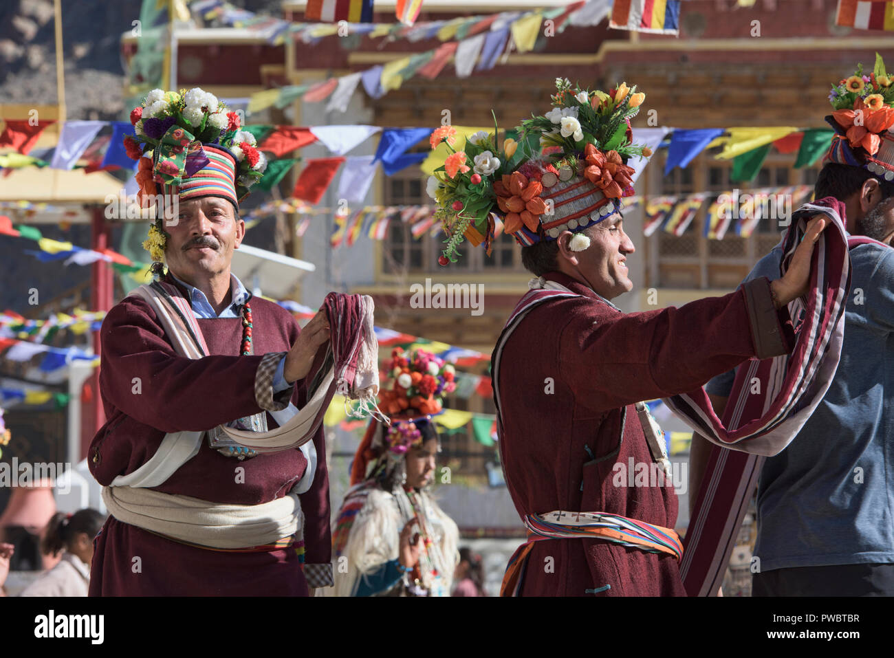 Aryan (Brogpa) men dancing at a traditional festival, Biama village ...