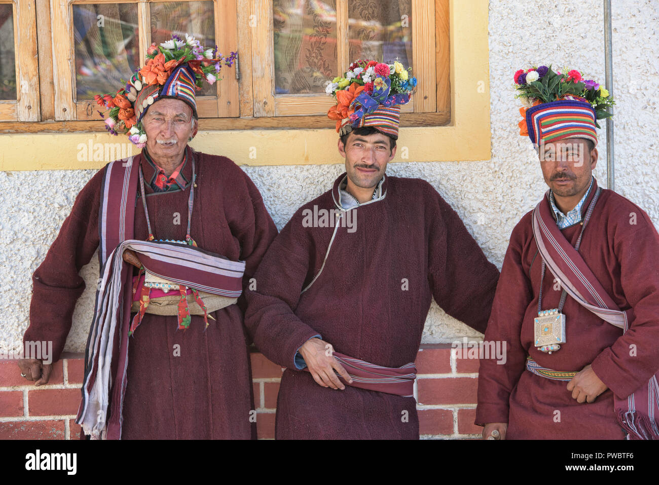 Aryan (Brogpa) men in traditional costume, Biama village, Ladakh, India ...