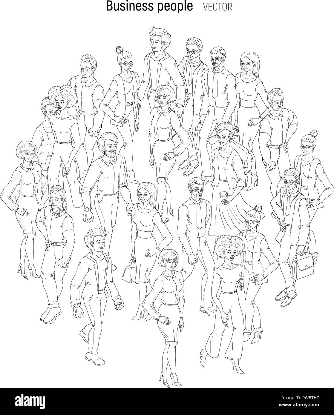 People crowd. Sketch outline black and white style illustration of ...