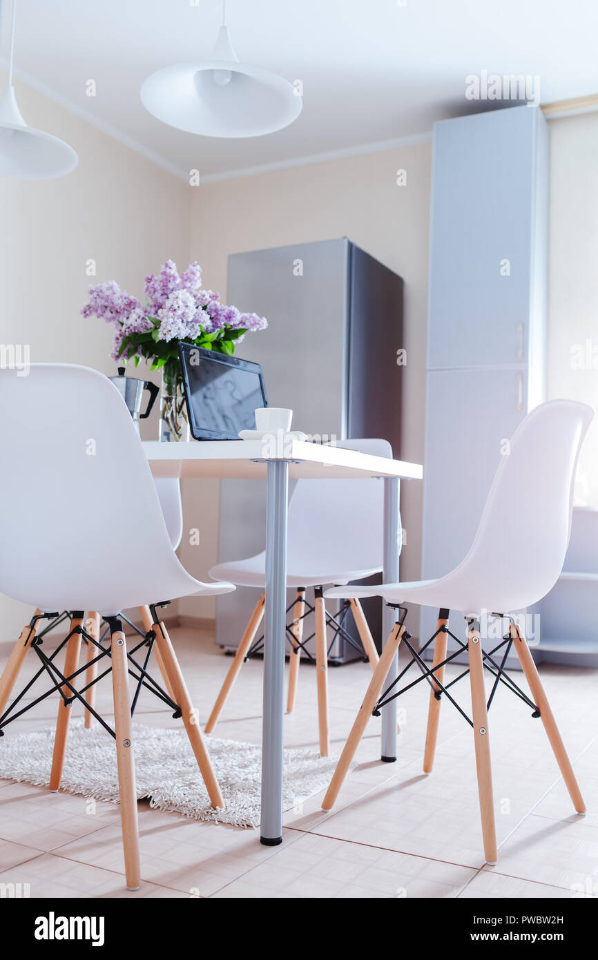 Modern kitchen design. Interior of light dining room decorated with ...