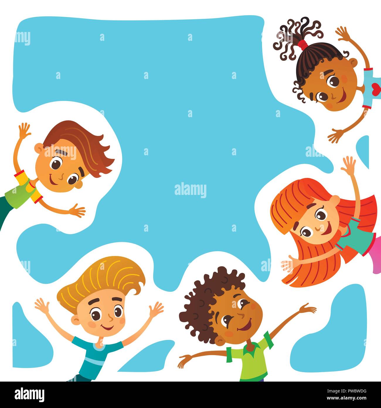 Happy and funny children stand around a large banner, poster, po Stock ...