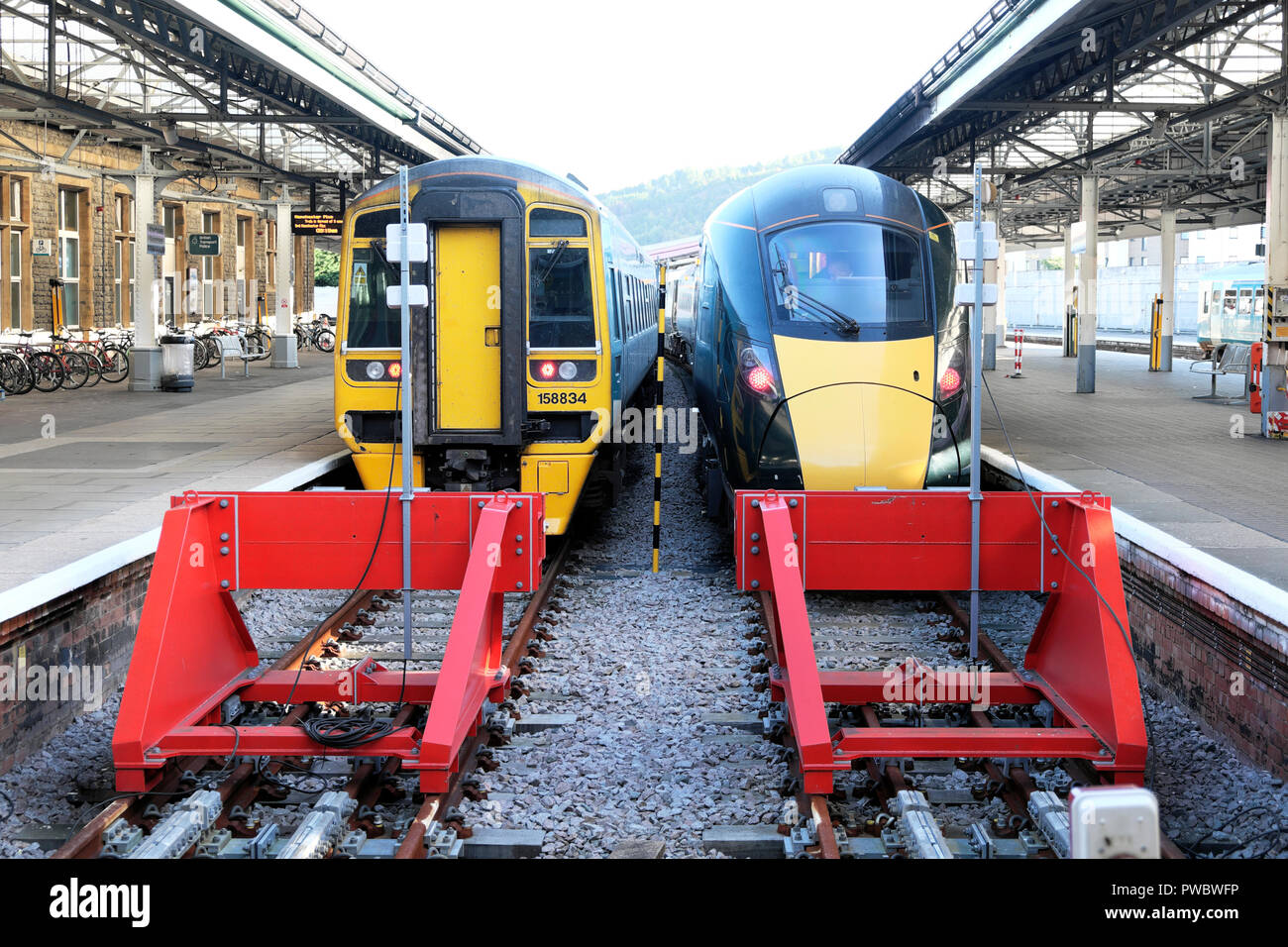 Old diesel train and new Hitachi GWR 800 waiting side by side on the ...