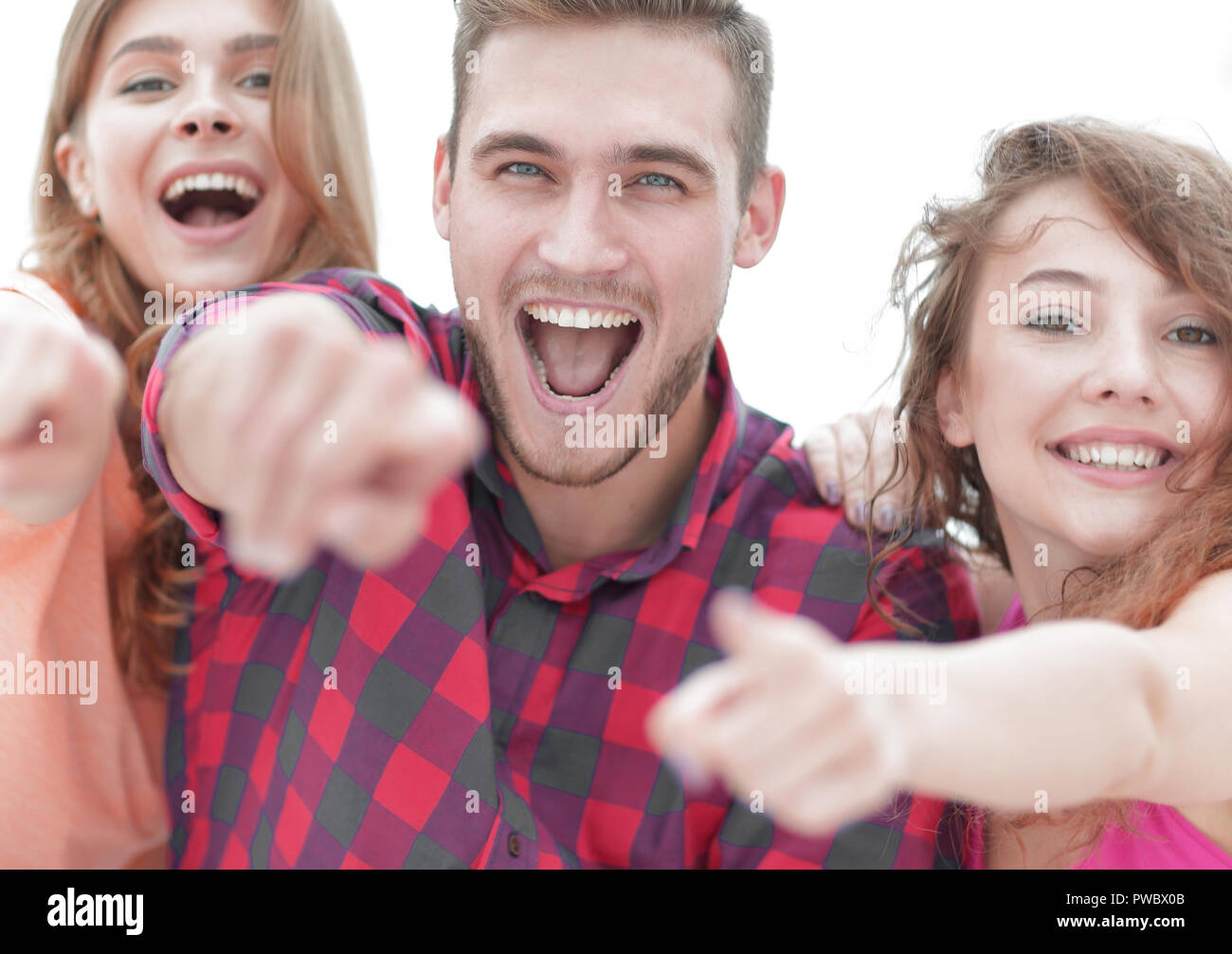closeup of three happy young people showing hands forward Stock Photo ...