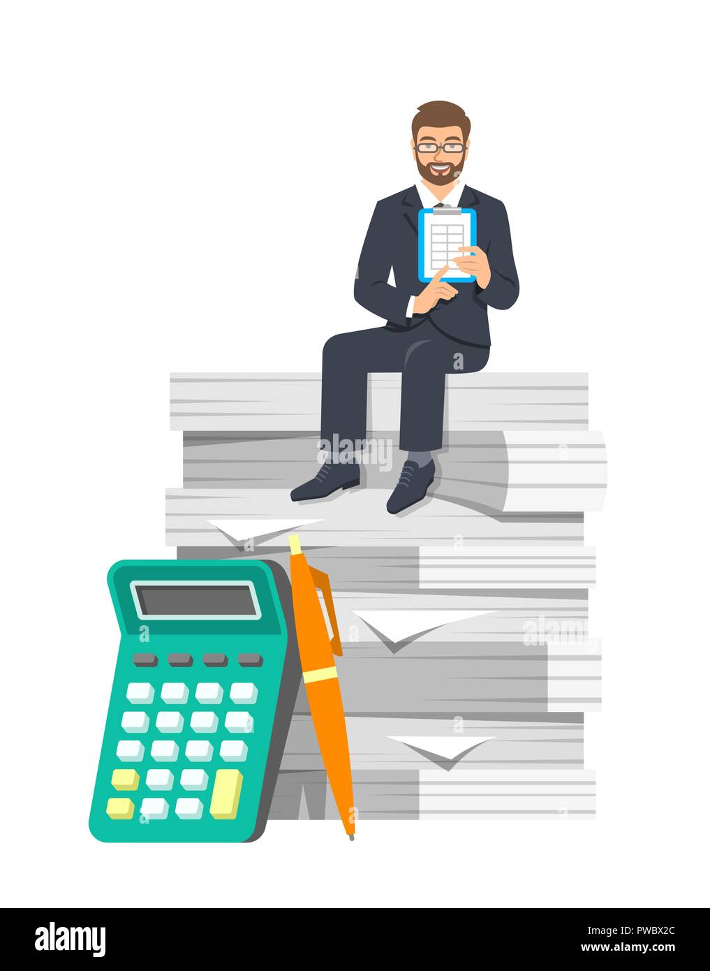 Accountant in business suit sits on stack of papers. Tax payment ...
