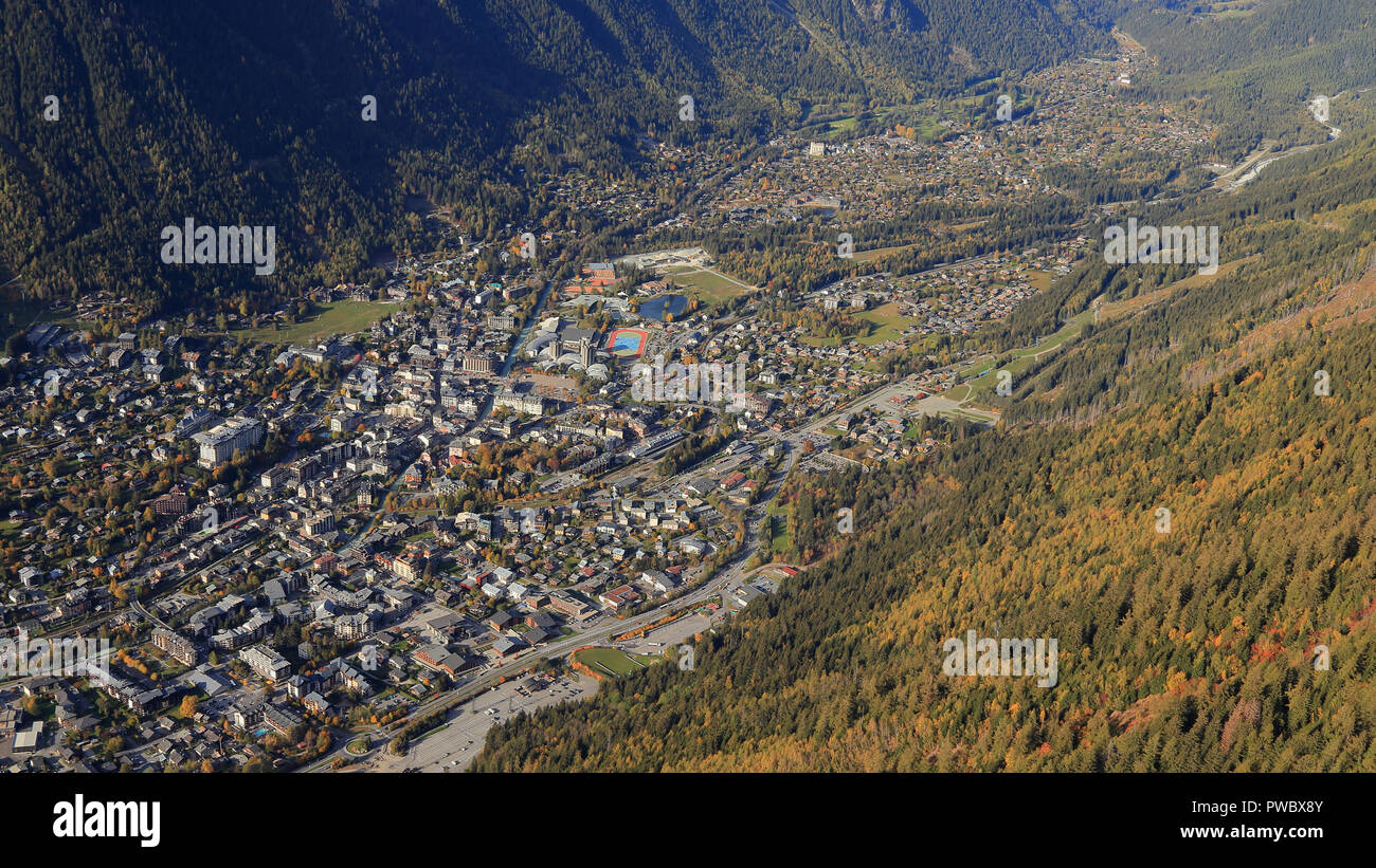 Aerial view of Chamonix, Chamonix-Mont-Blanc, Haute-Savoie, France ...