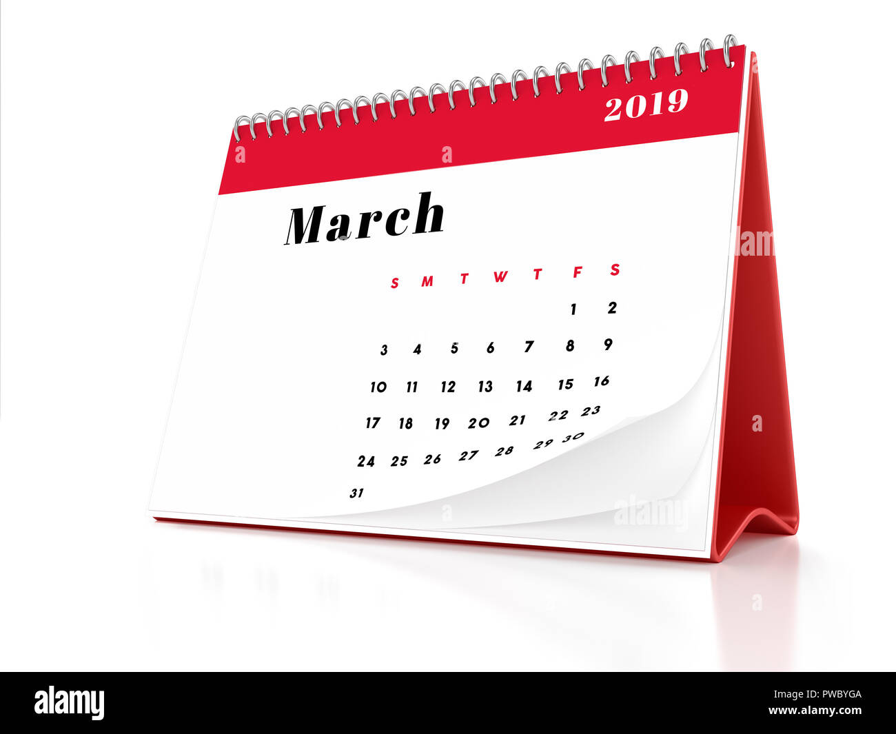 2019 March page of a desktop calendar on white background. 3D Rendering ...