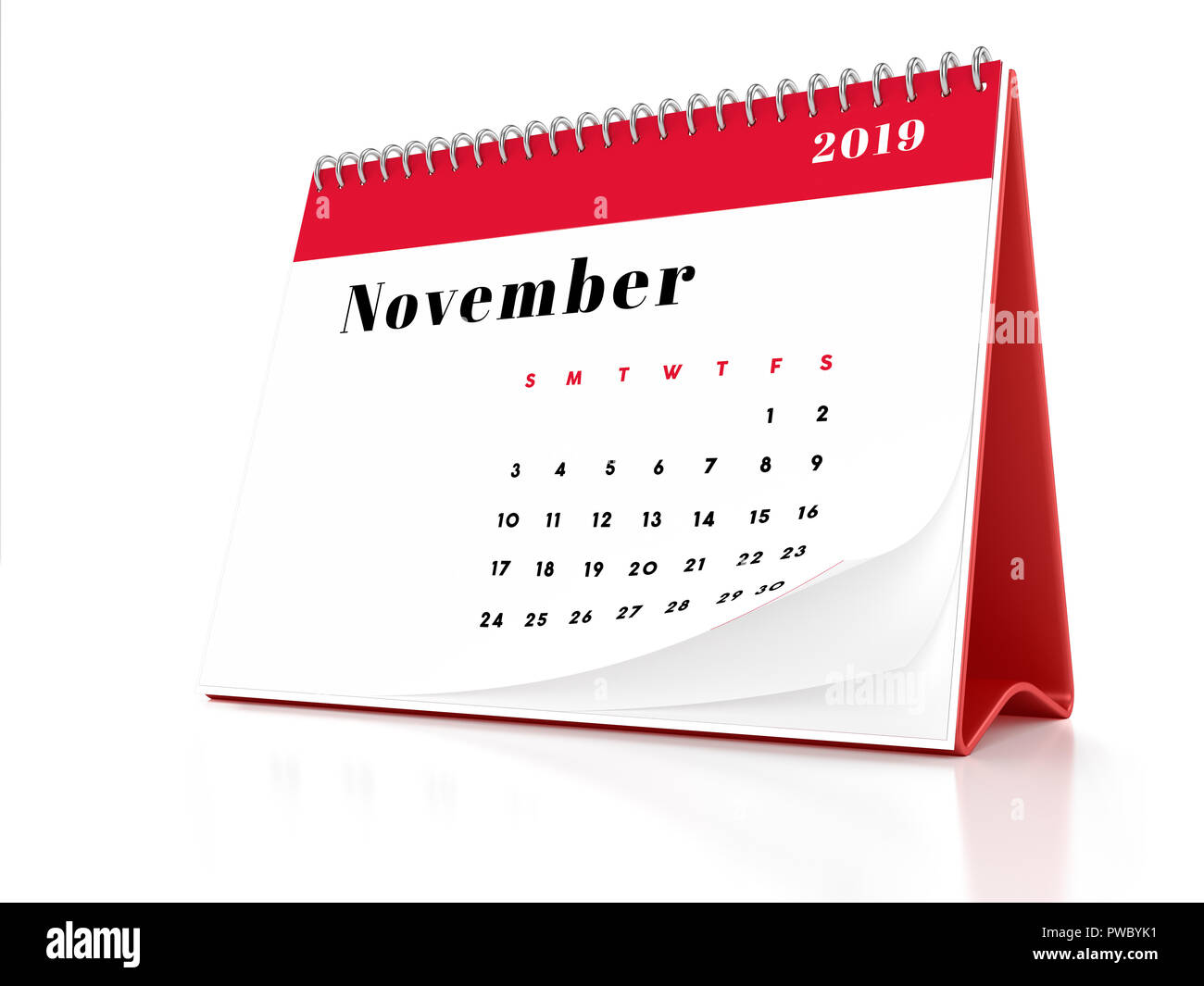2019 November page of a desktop calendar on white background. 3D ...