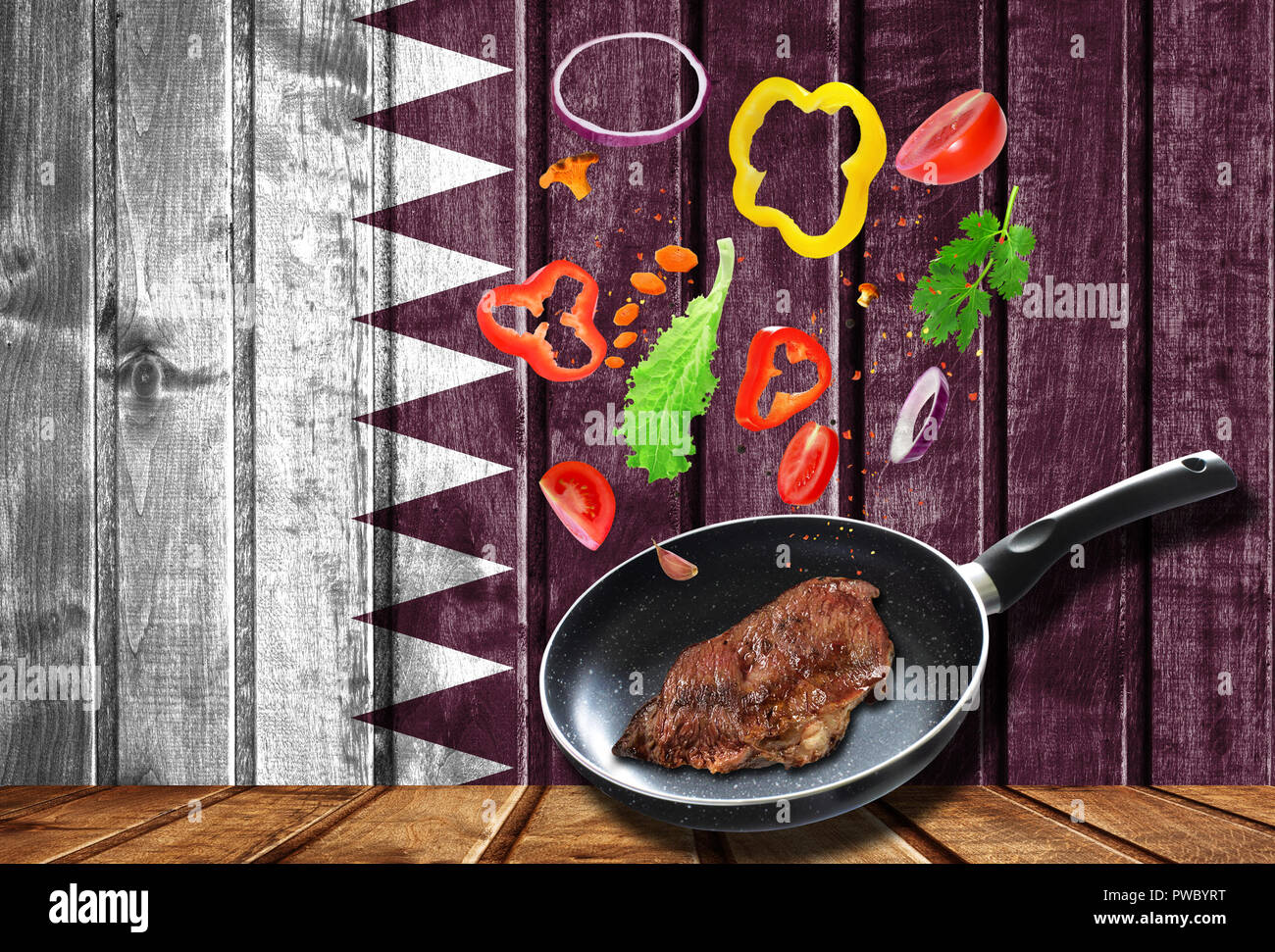 Cooking process. Hot movement. Fresh vegetables falling into the pan ...