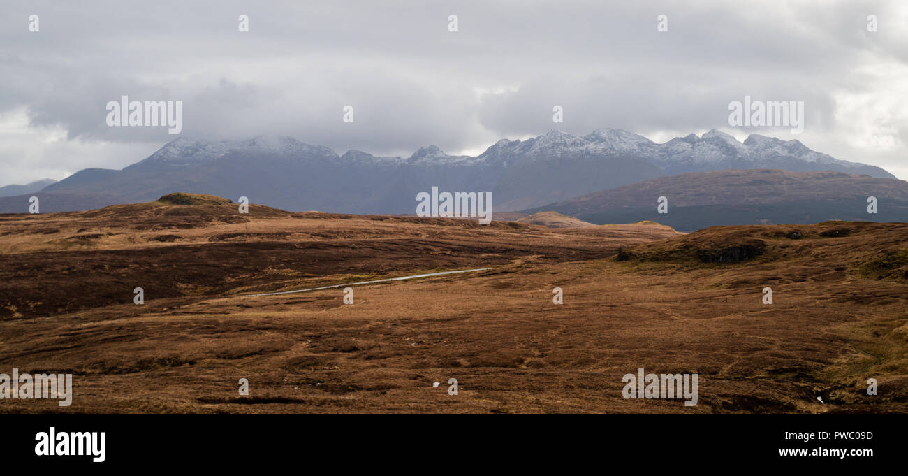 Panorama of the snow capped mountains of the Black Cuillin. Isle of ...