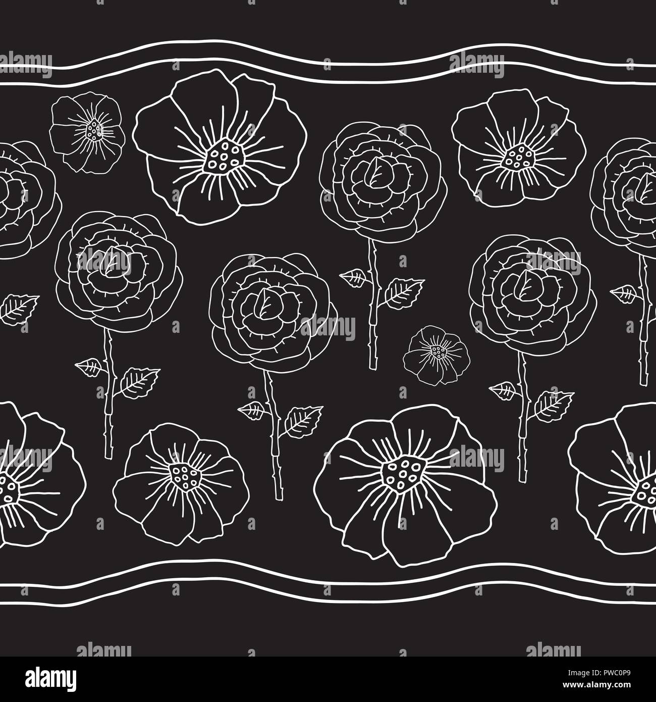 White Line Flowers on Black Background-Monochromatic Flowers seamles ...