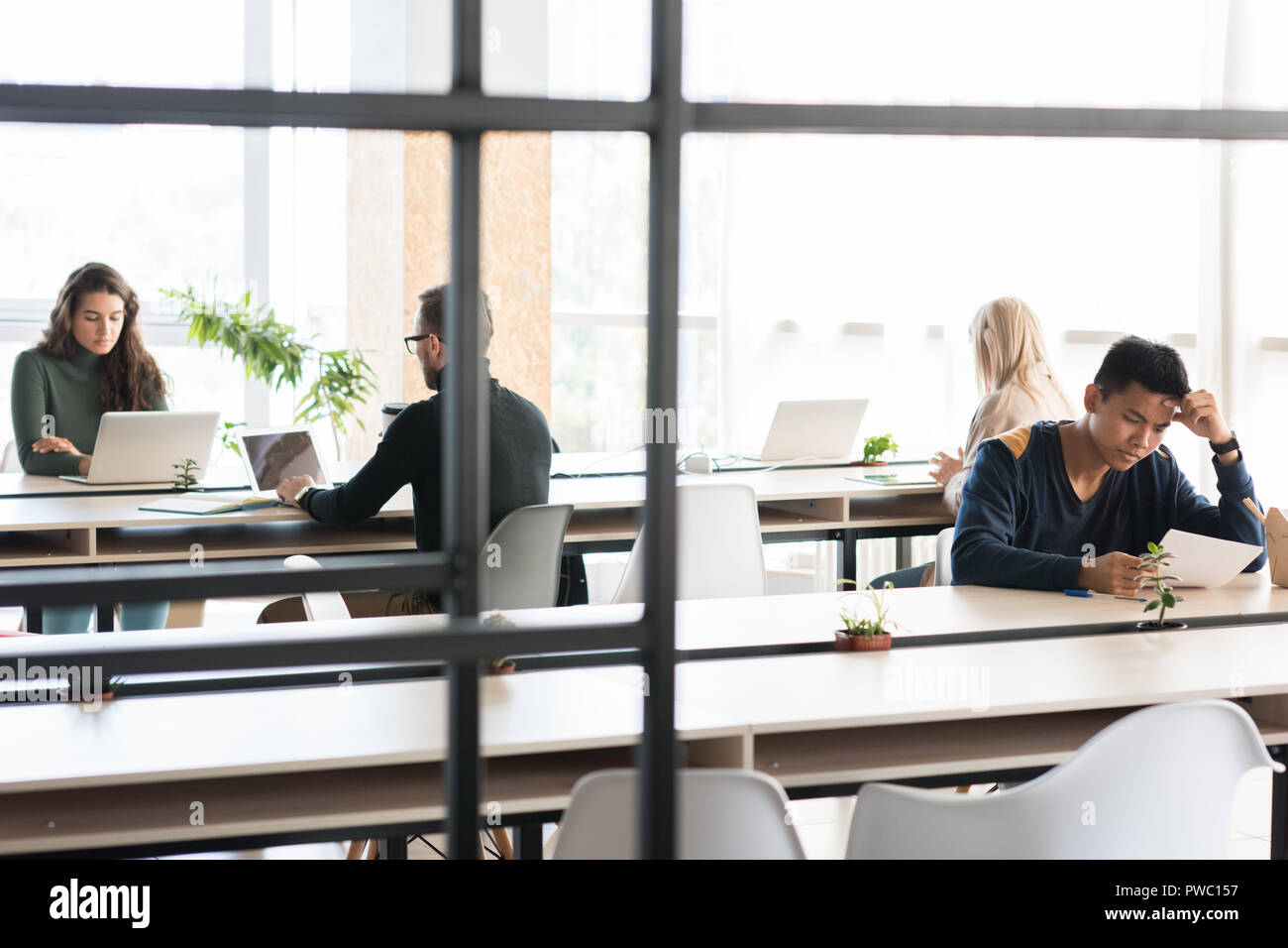 Freelancers and students working in open space office: busy young ...