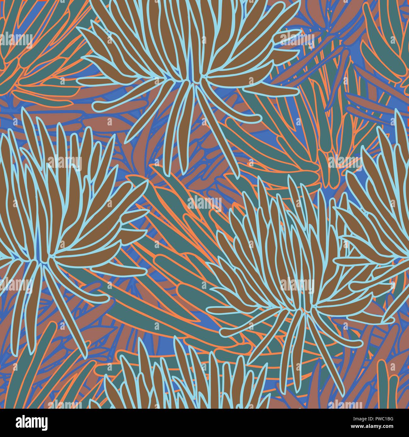 Modern Succulents in Blue Orange Brown and Green, Seamless repeat ...