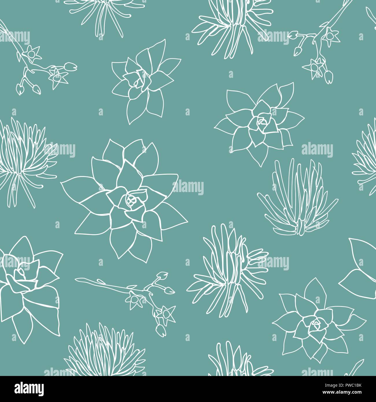 White Succulent Line Shapes on Petrol Background, Seamless repeat ...
