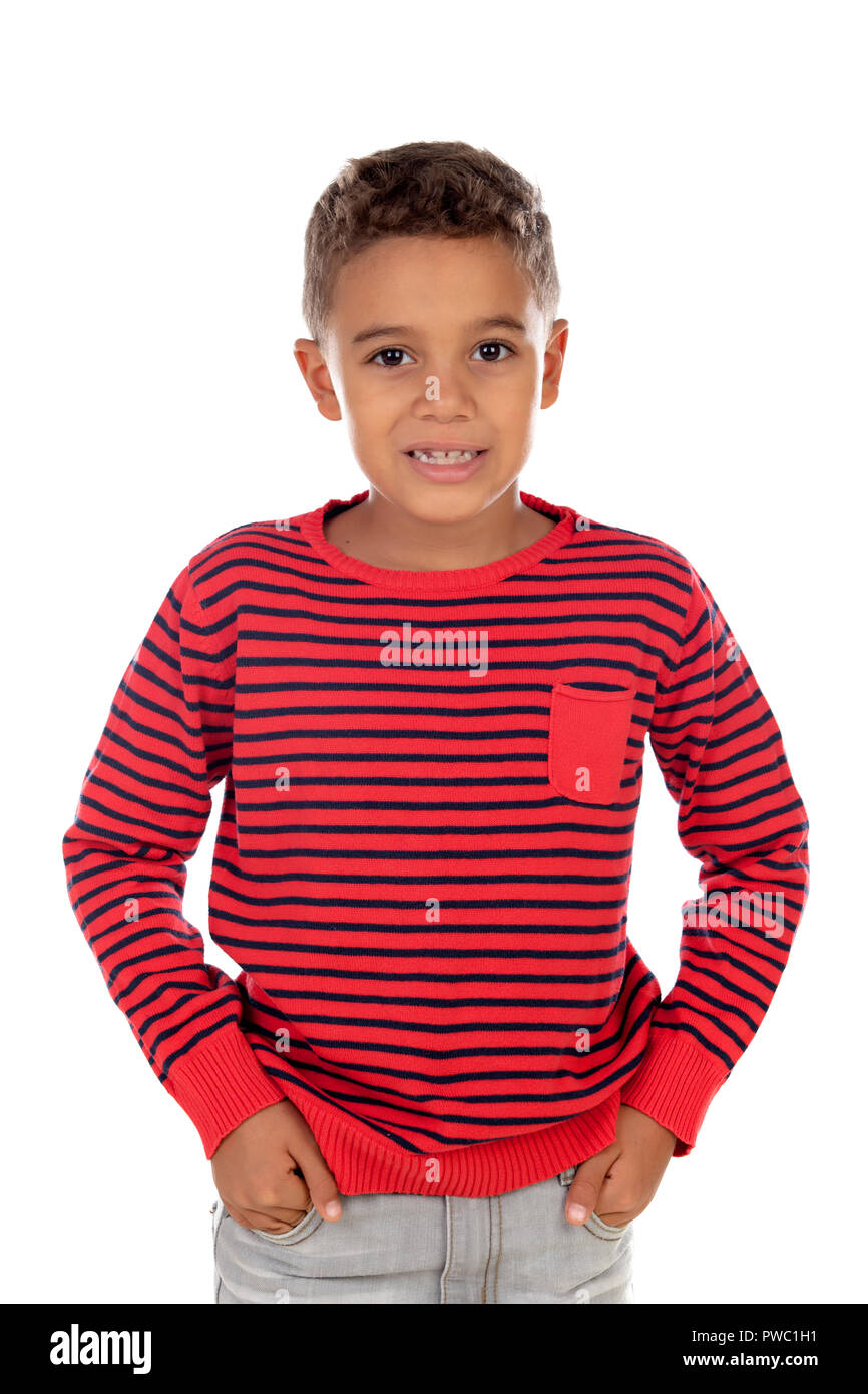 Beautiful latin child with red striped shirt isolated on a white ...