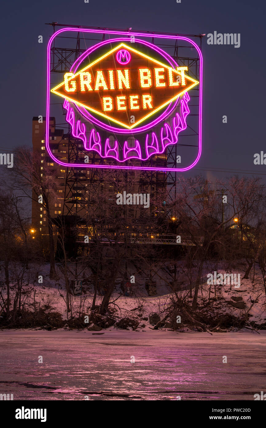Historic Grain Belt Beer sign along the Mississippi River in downtown ...