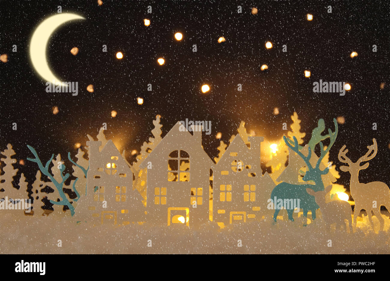Magical Christmas paper cut winter background landscape with houses ...