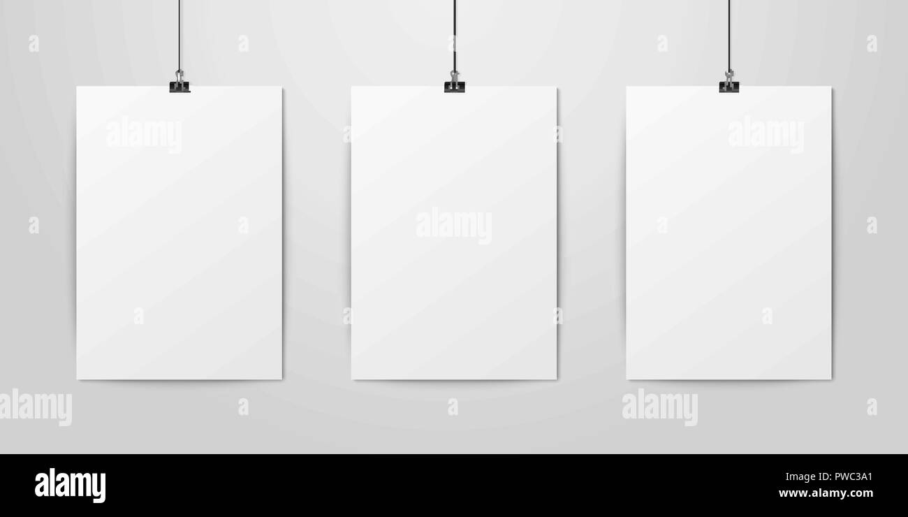Three Vector Realistic White Blank Vertical A4 Paper Poster Hanging on ...