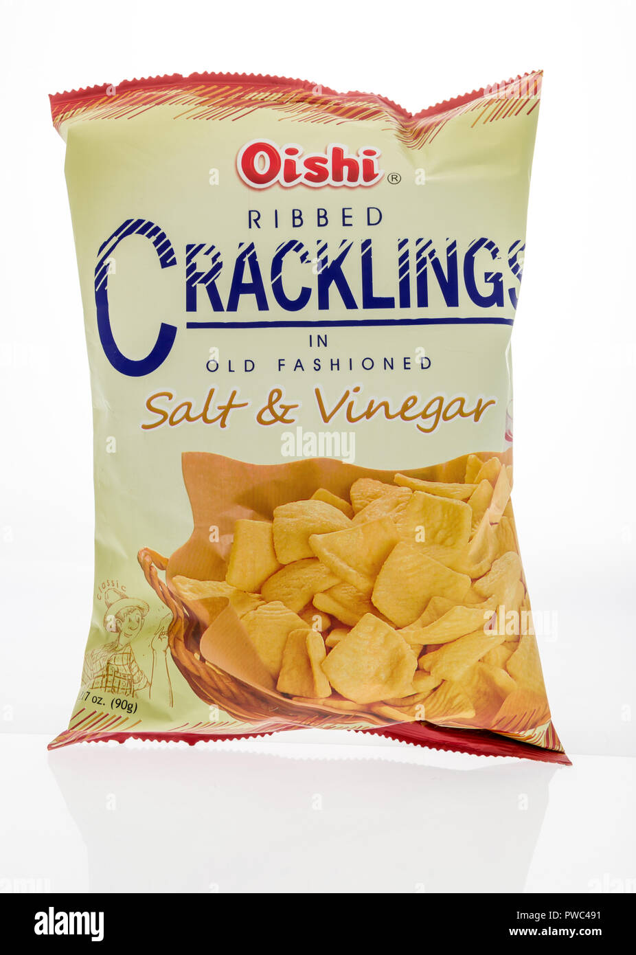 Winneconne, WI - 7 October 2018: A bag of Oishi ribbed Cracklings salt ...