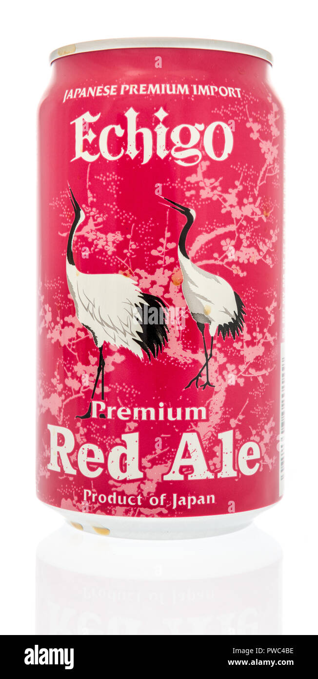 Winneconne, WI - 7 October 2018: A single can of Echigo premium red ale ...