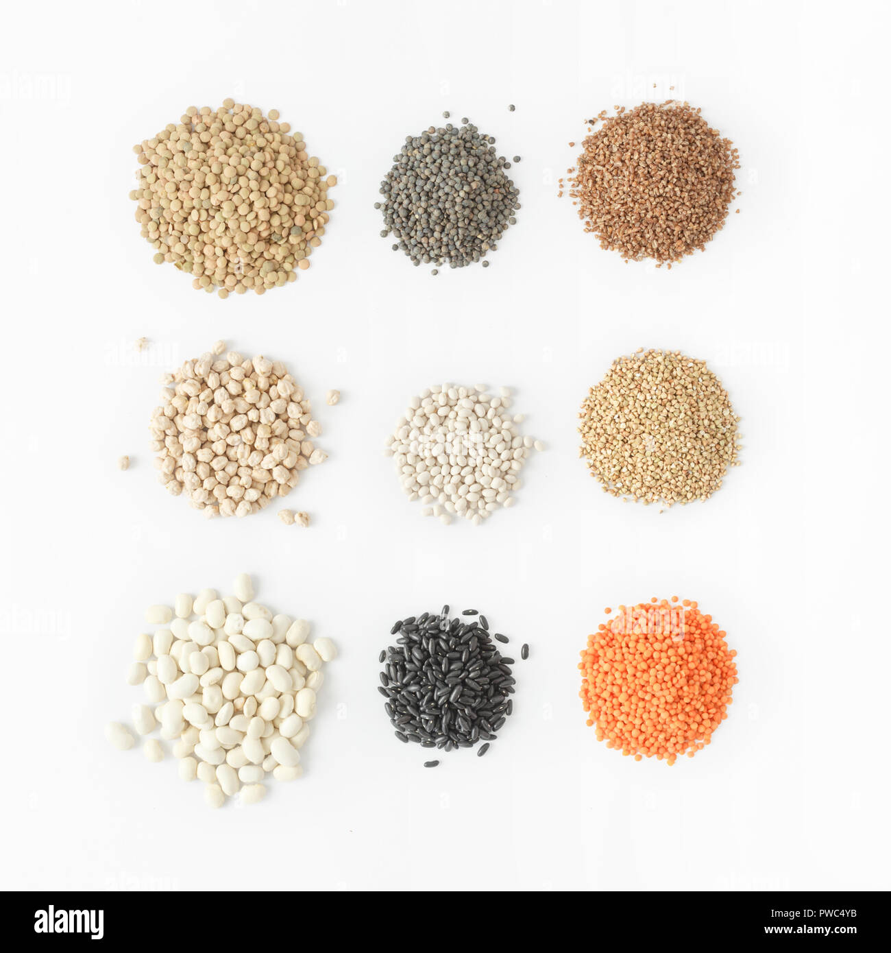 Set of cereals on white background. Healthy food, source of protein for ...