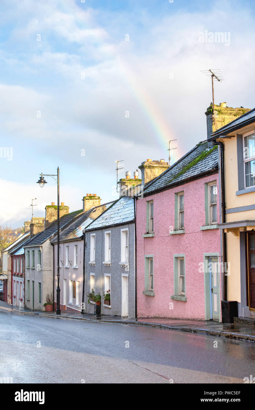 A rainbow over traditional houses along Main Street in Cong, on the ...
