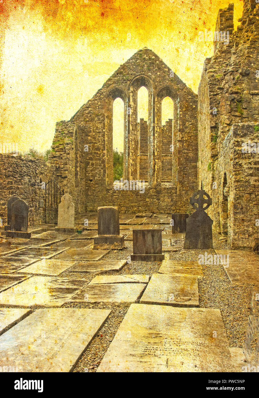 A textured scene of Cong Abbey in the village of the same name ...