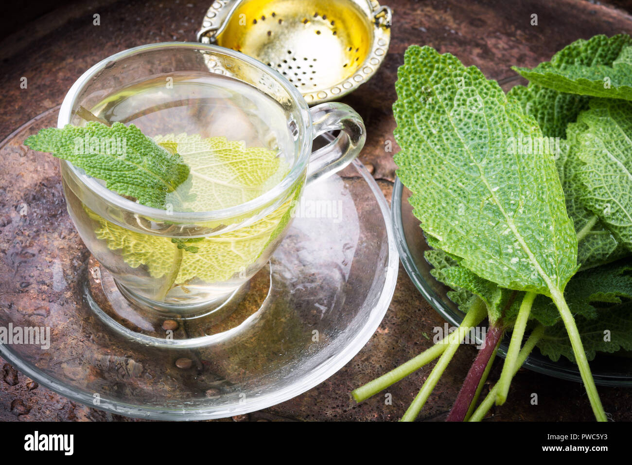 Brewed delicious herbal tea with sage on retro background Stock Photo ...