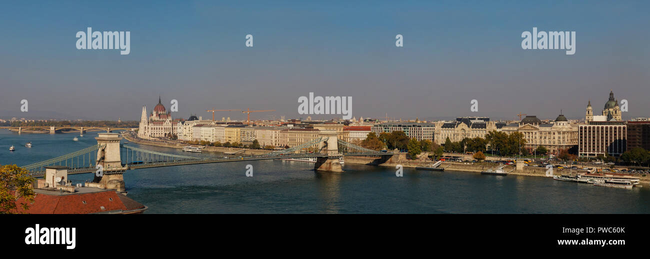 Panoramic view of Szechenyi Chain Bridge over Danube, Budapest, Hungary ...