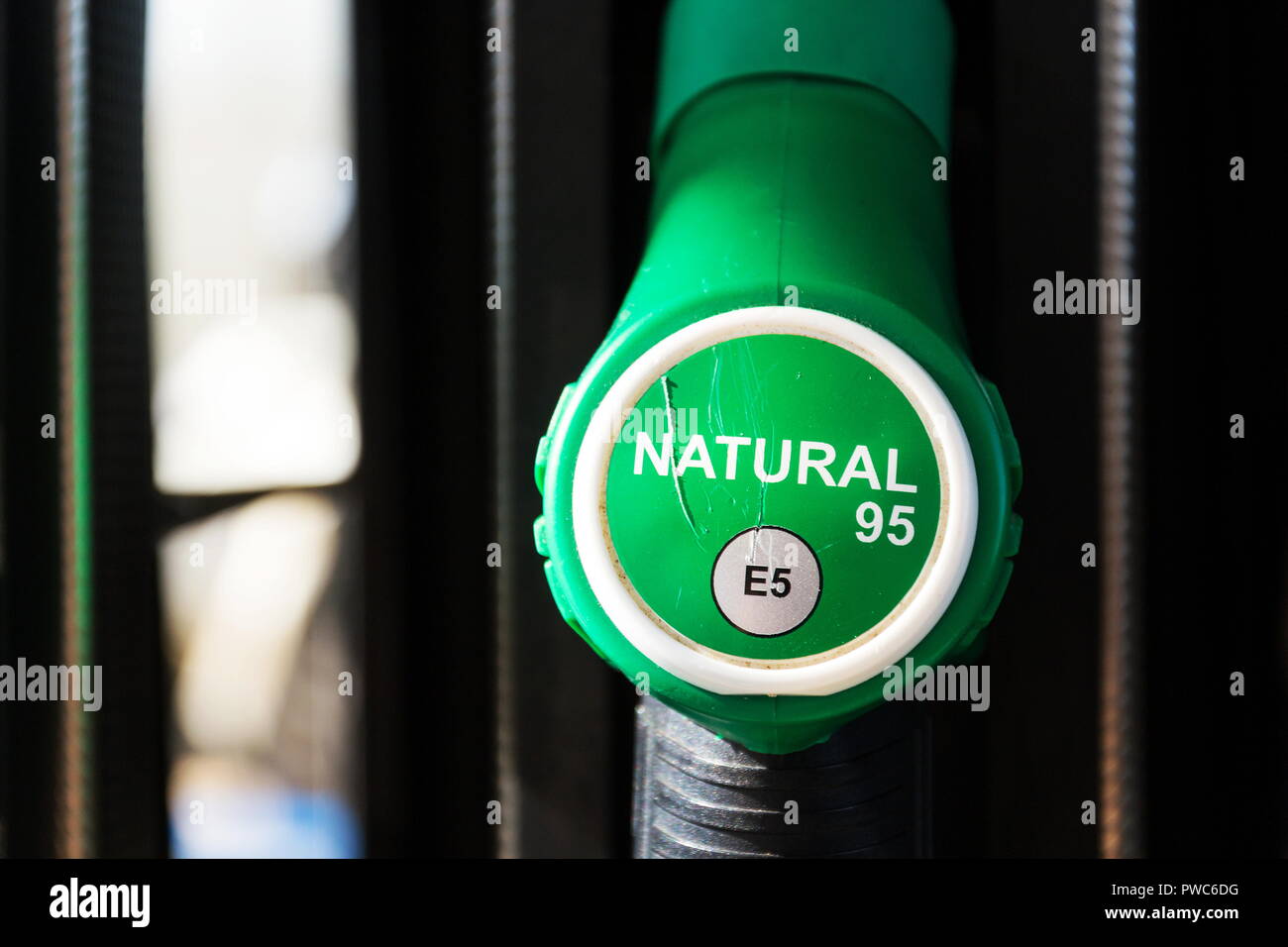 New fuel labeling at petrol station pumps with new EU labels, sunny ...