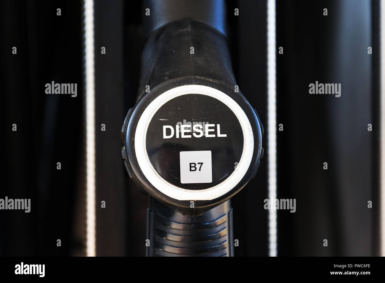 New fuel labeling at petrol station pumps with new EU labels, sunny ...