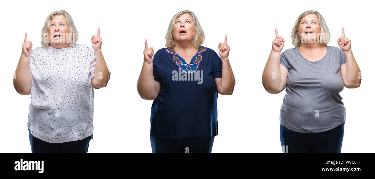 Collage of senior fat woman over isolated background amazed and ...