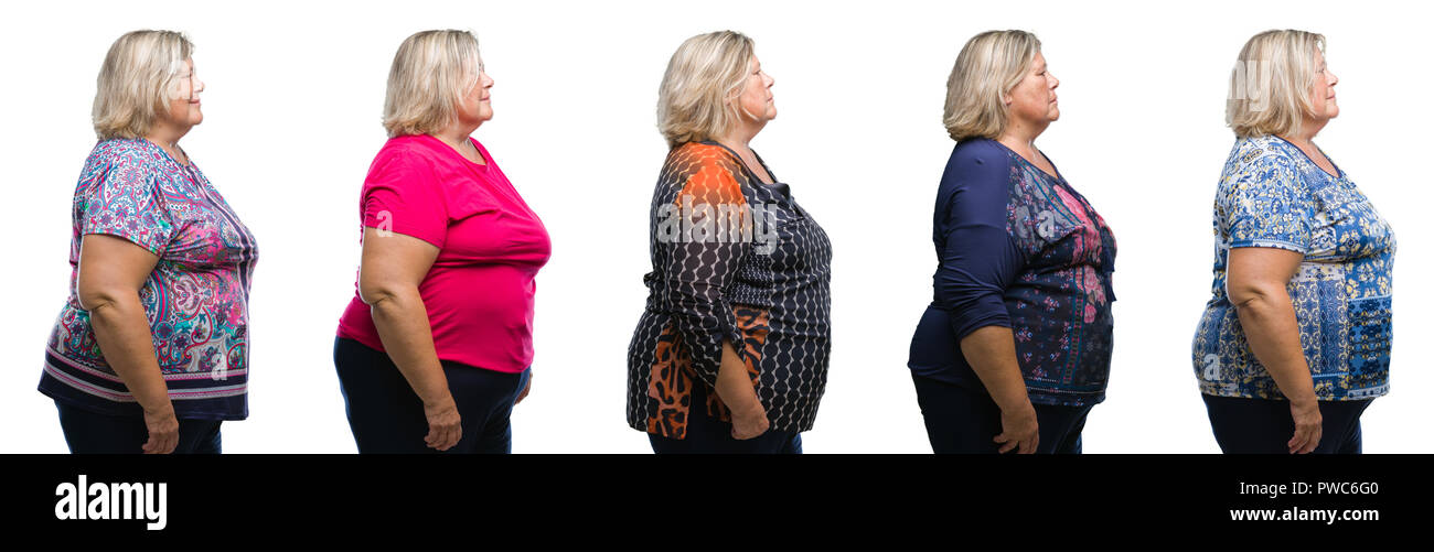 Collage of senior fat woman over isolated background looking to side ...