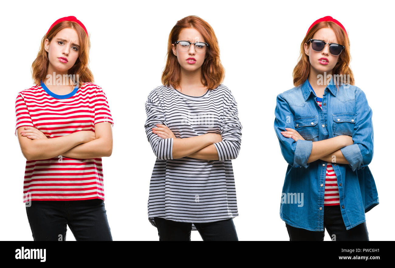 Collage of young beautiful redhead woman over isolated background ...