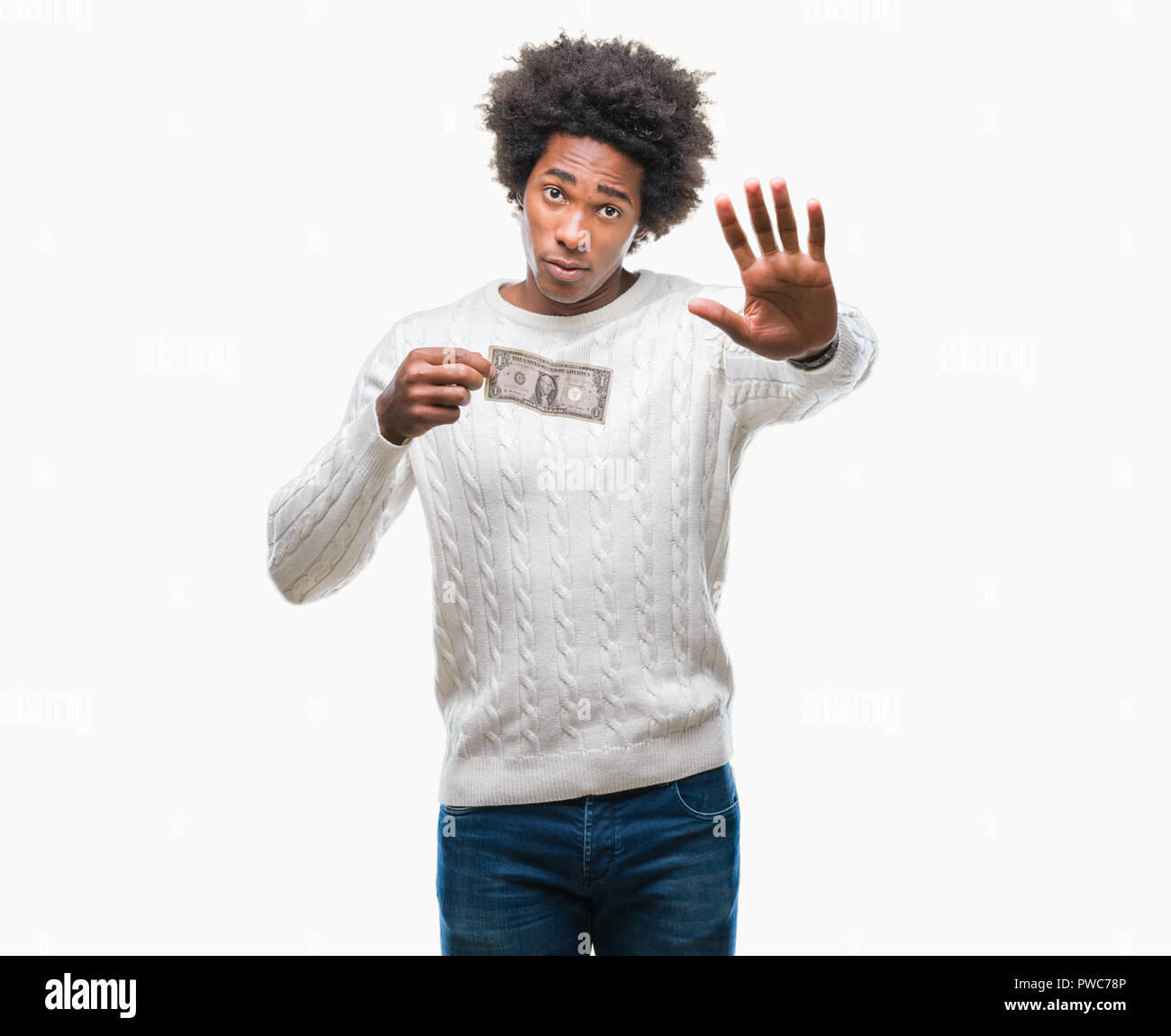 Afro american man holding one dollar over isolated background with open ...