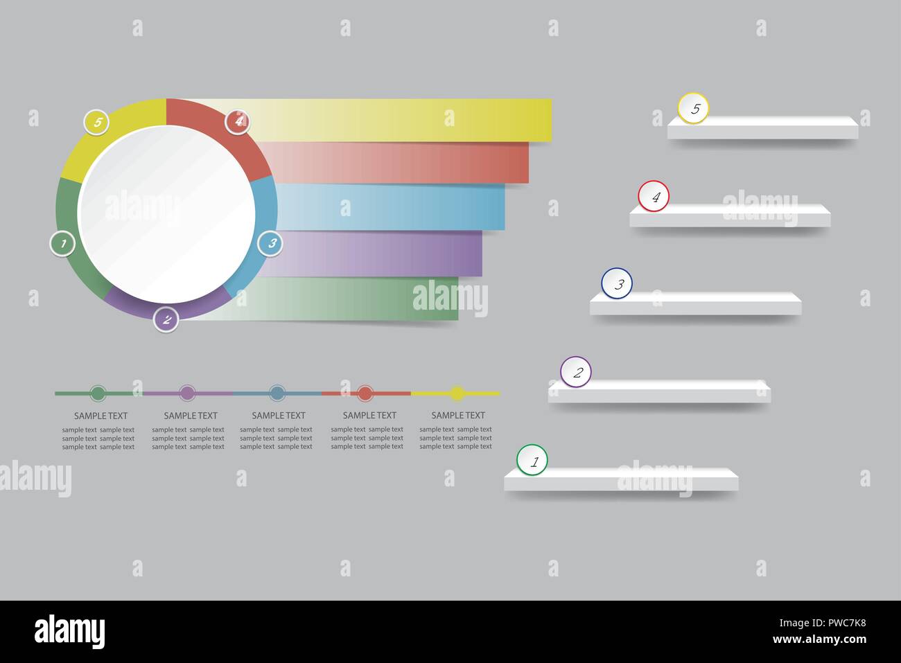 Blank infographic of white circle with color labels and empty staircase ...