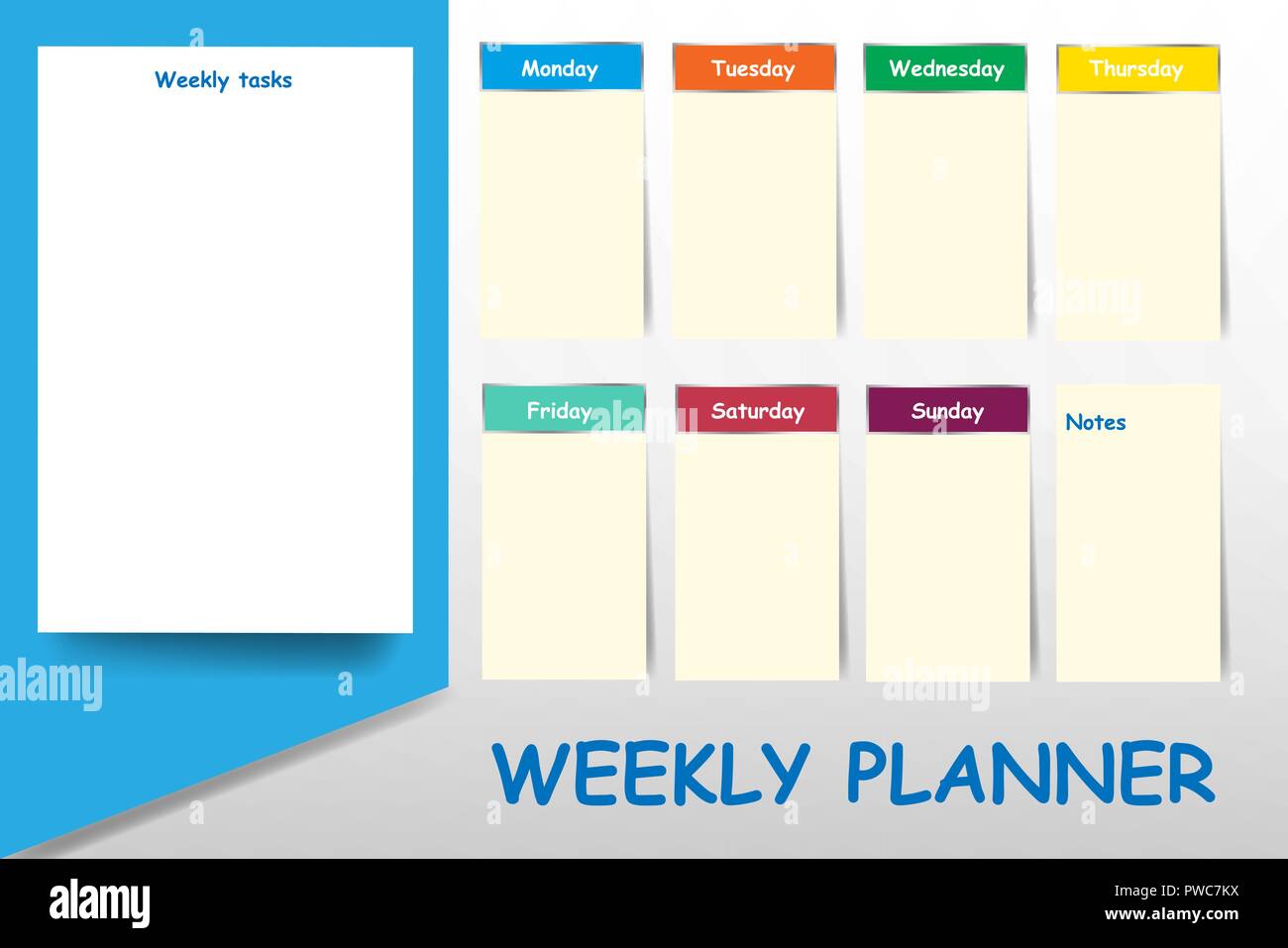 Weekly planner with blank label for week tasks and light yellow labels ...