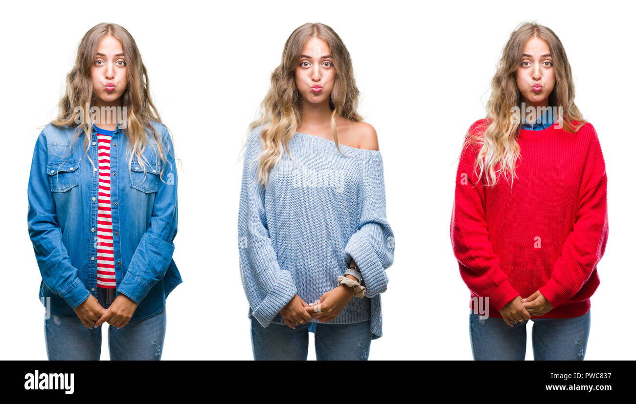 Young beautiful young woman over white isolated background puffing ...