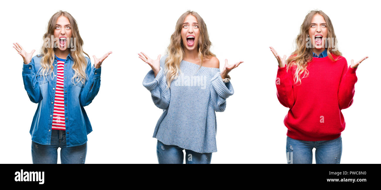 Young beautiful young woman over white isolated background crazy and ...