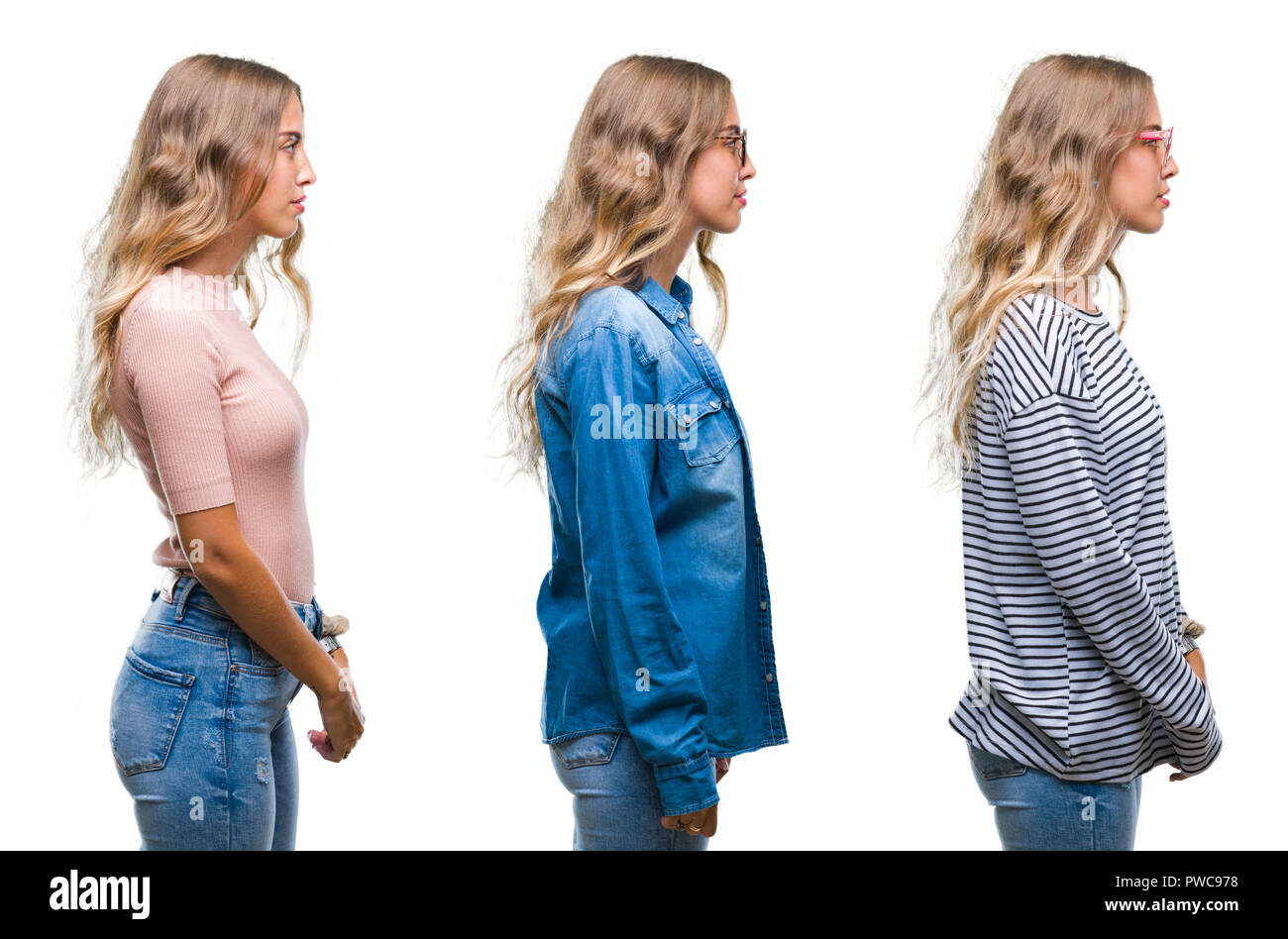 Young beautiful young woman wearing casual look over white isolated ...
