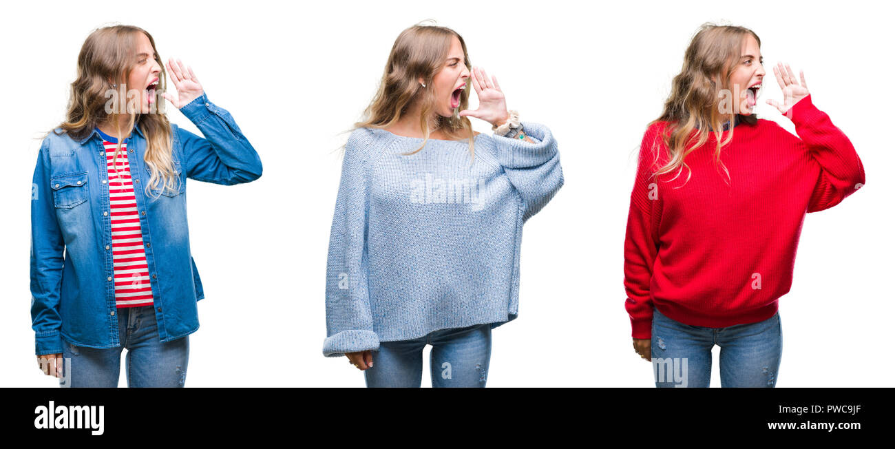 Young beautiful young woman over white isolated background shouting and ...