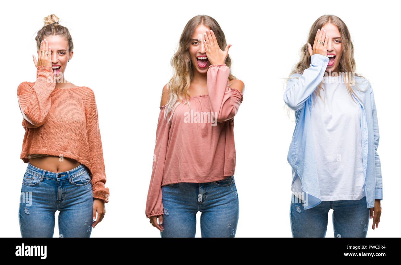 Young beautiful young woman wearing casual look over white isolated ...