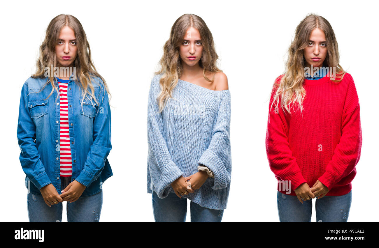 Young beautiful young woman over white isolated background depressed ...