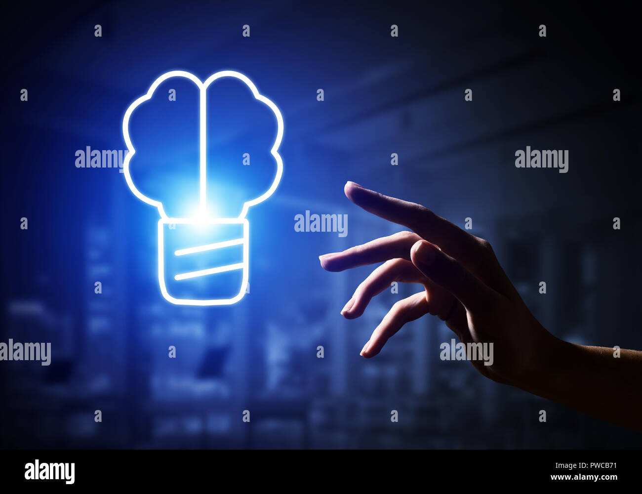 Concept of idea and creative thinking presented by brain bulb on dark ...