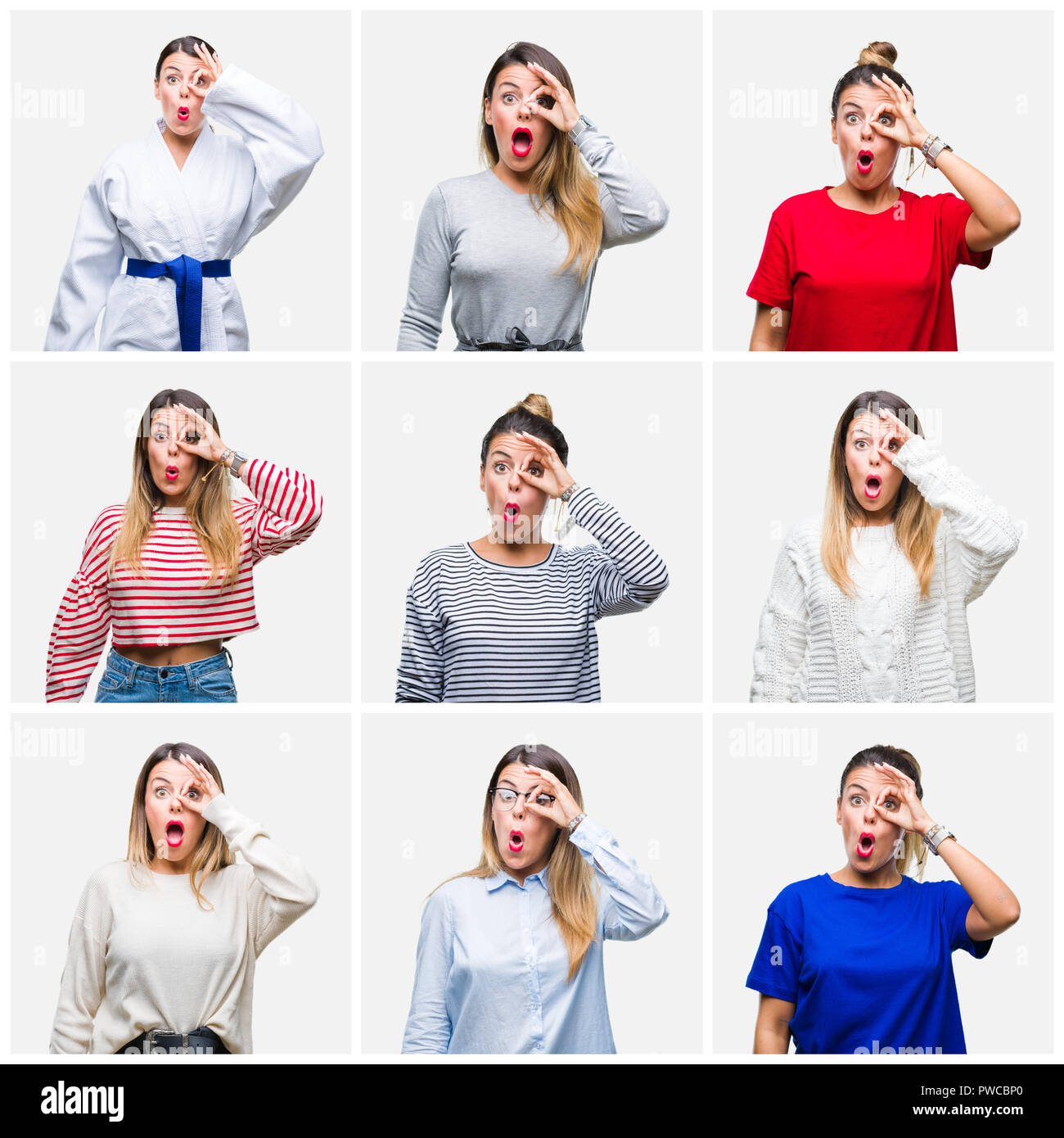 Collage of young beautiful woman over isolated background doing ok ...