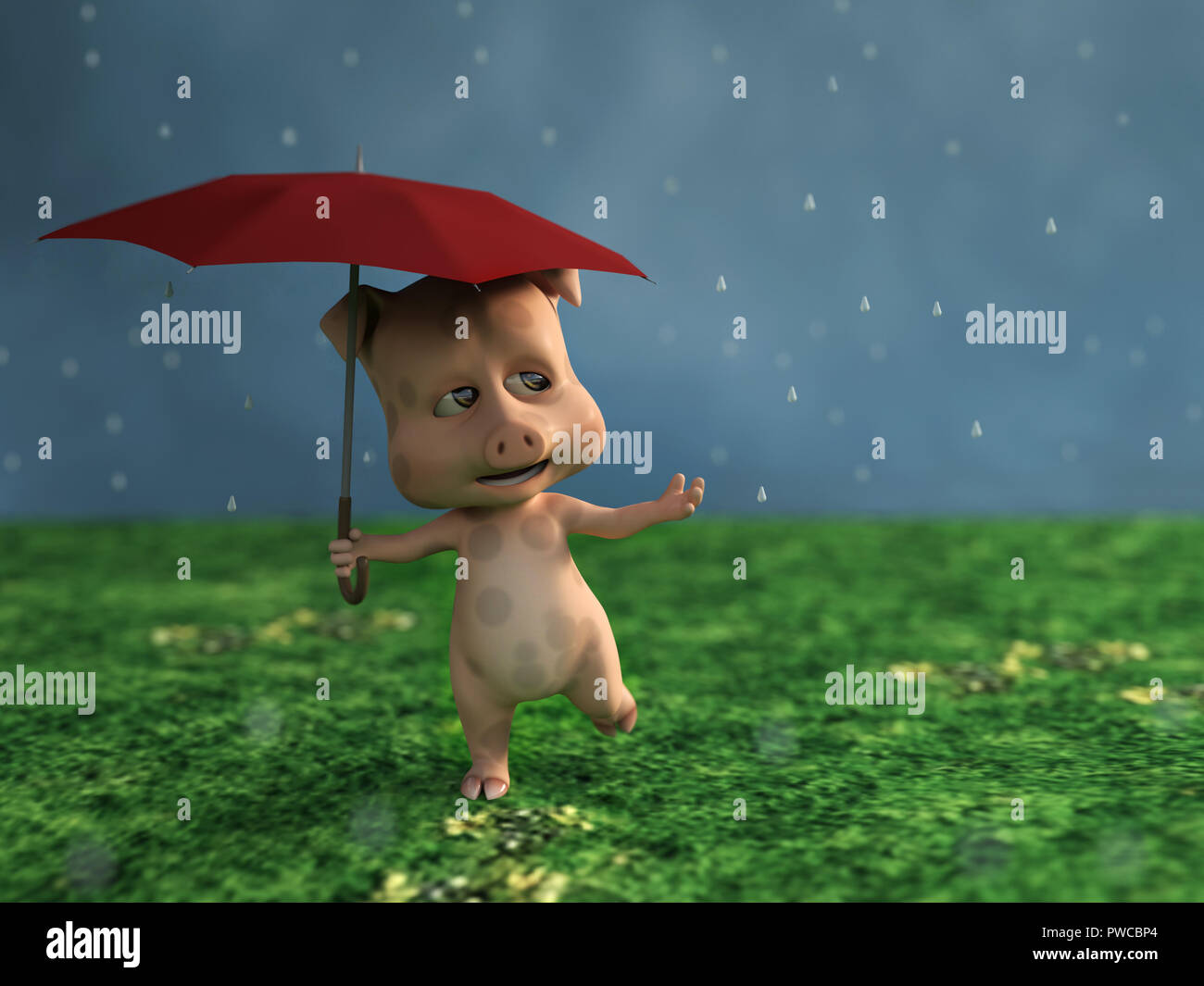 3D rendering of a cute cartoon pig holding a red umbrella in the rain ...