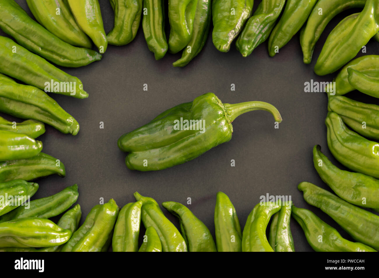 Frame of green peppers with a big bell pepper on the center with black ...