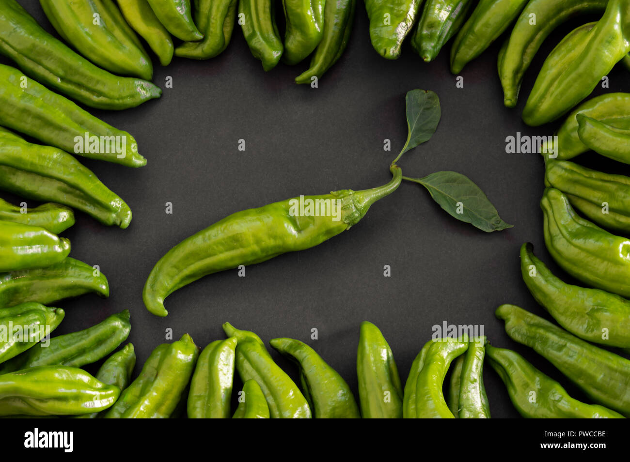 Frame of green peppers with a beautiful pepper with leaves on the ...
