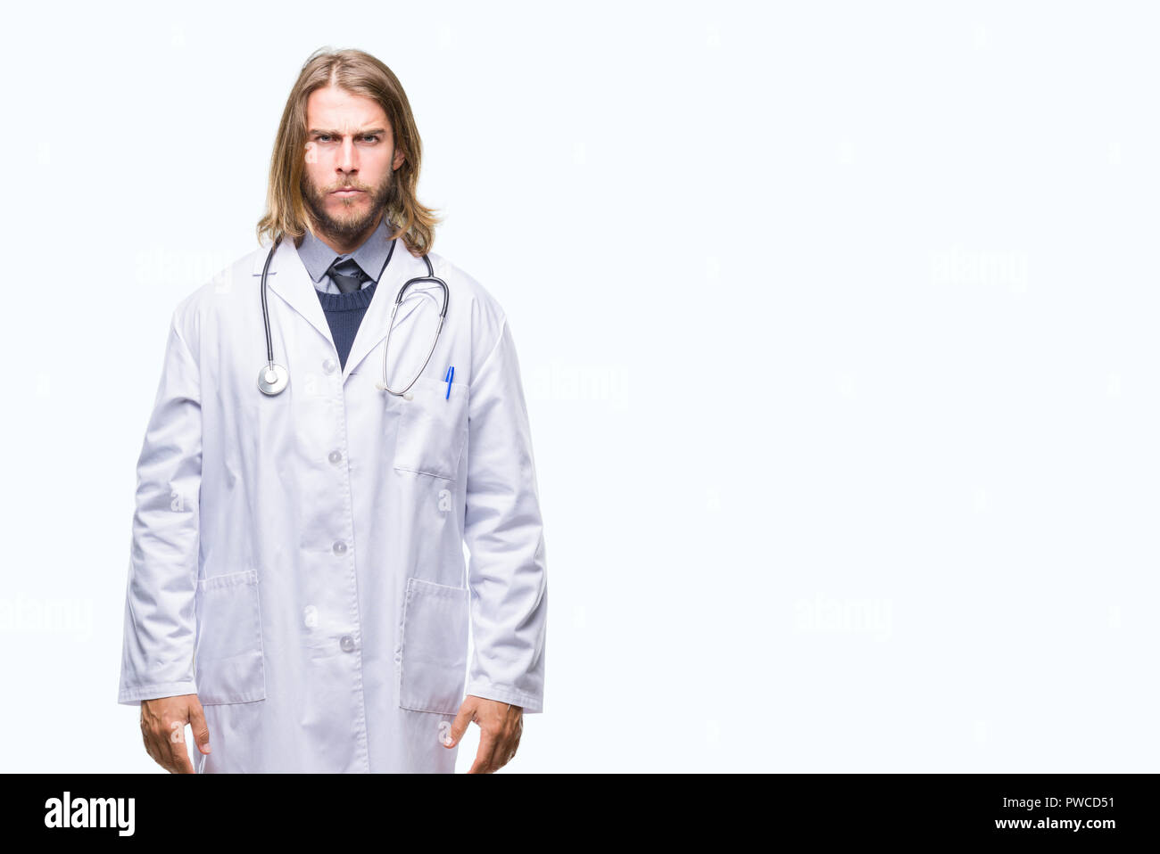 Young handsome doctor man with long hair over isolated background ...